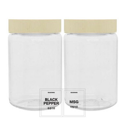홈앤라이프 PET 양념통 투명원형 미색캡 250ml 2p 세트, 1세트, 양념통 투명원형 2p + 투명스티커(후춧가루 + 마법가루) - 가격