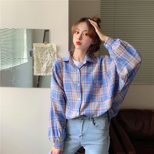 KORELAN동영상 65면 35 폴리에스터 디자인 센스 틈새 레트로 홍콩 풍미 체크 무늬 만능 재킷 안감여름 얇은 블라우스입니다 ...